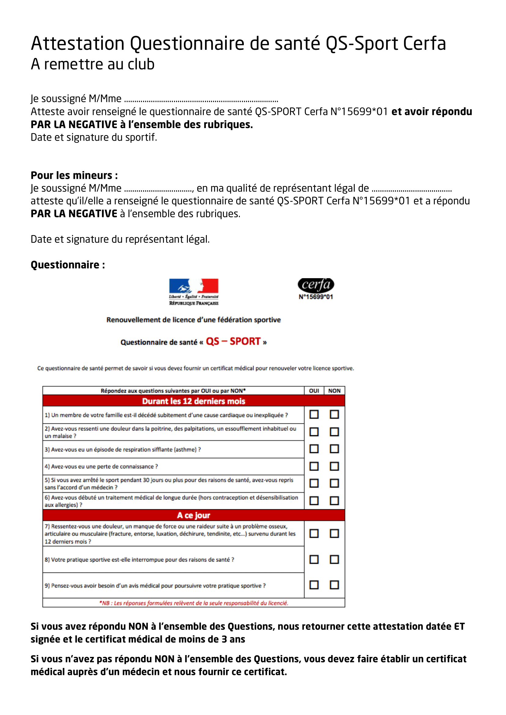 Questionnaire QS Sport / Certificat Médical – TCLP